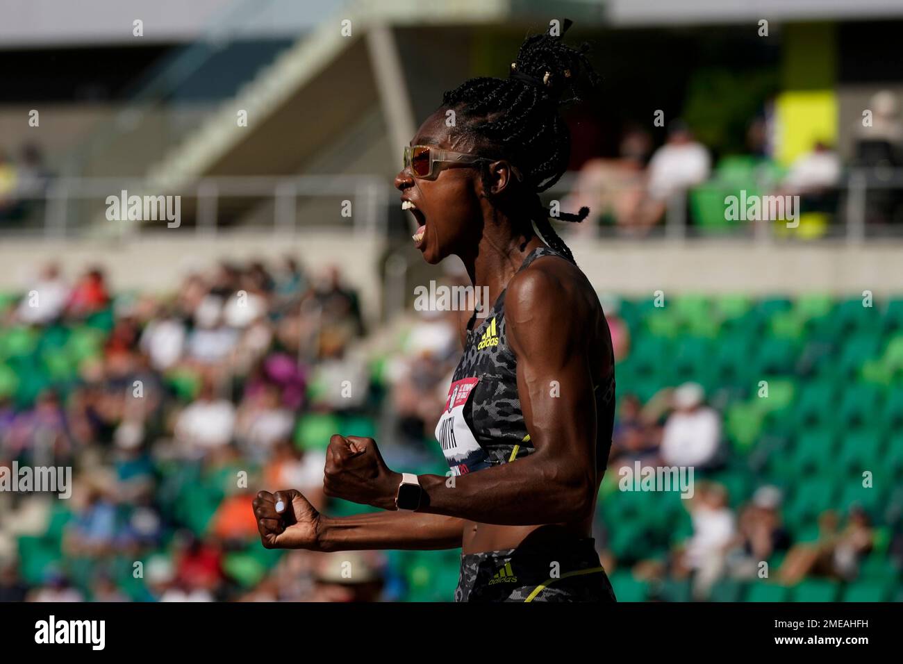 Amina Smith celebrates during the prelims of women's high jump at the U ...