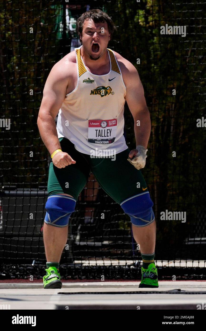 Alex Talley celebrates during the prelims of men's hammer throw event ...