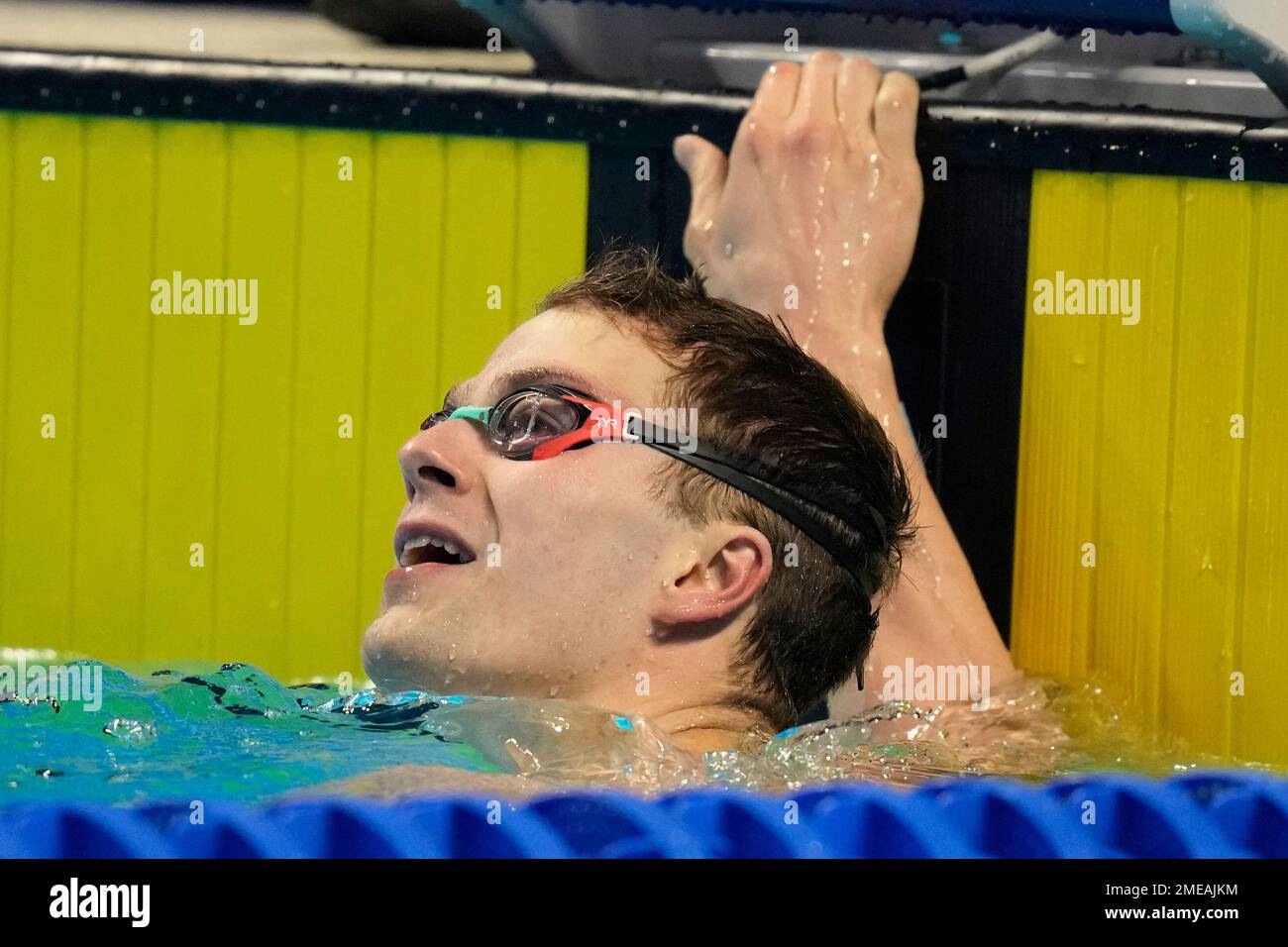 Nic Fink checks his time after winning the men's 200-meter breaststroke ...