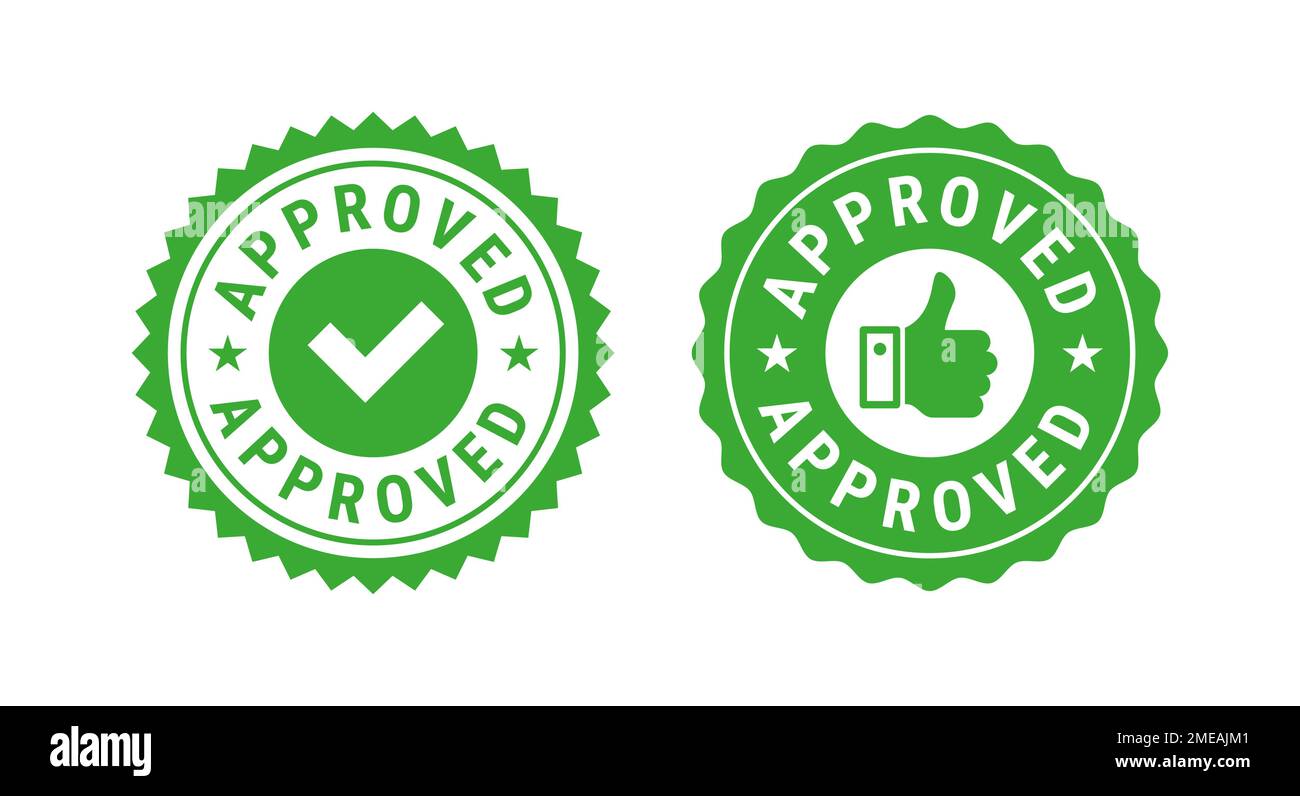 Approved green circle rubber seal stamp with tick and thumbs up. Thumbs ...