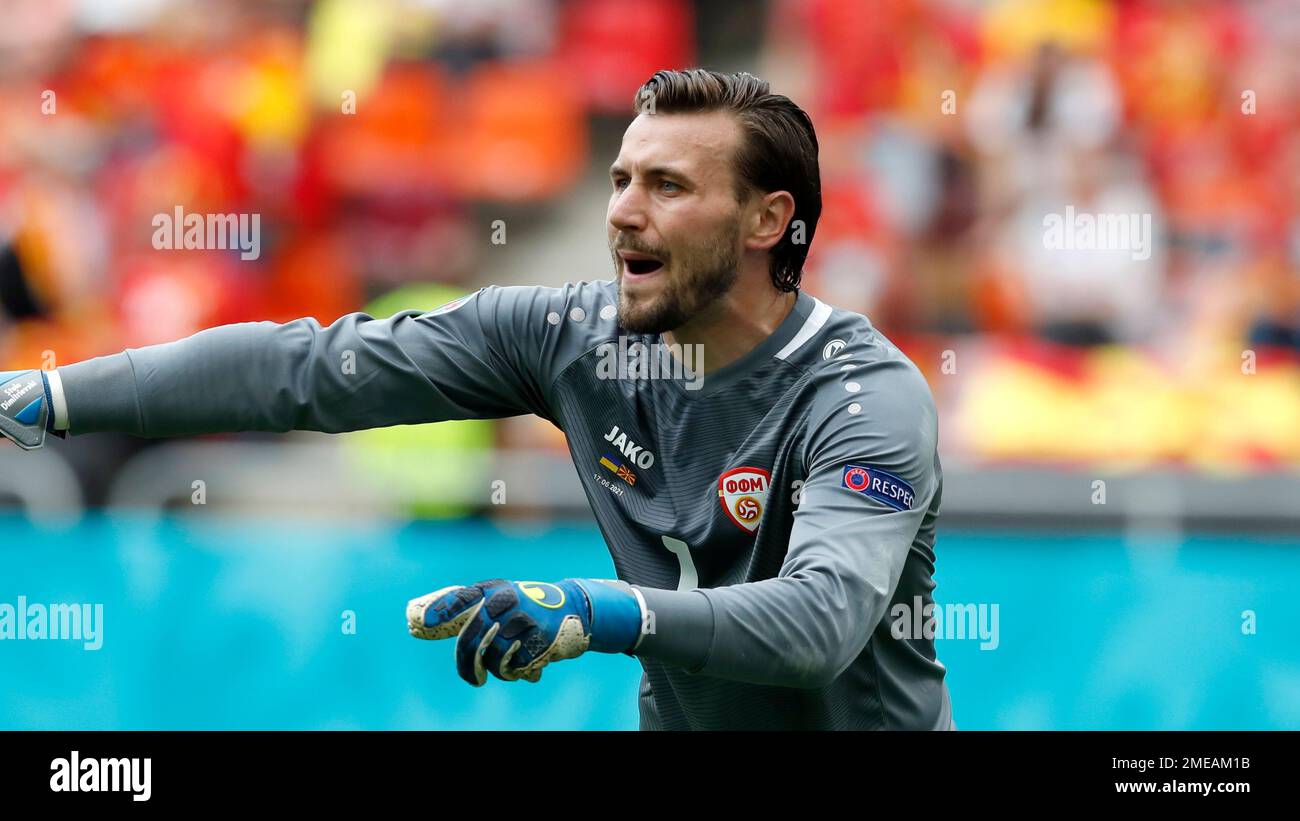 North Macedonia's goalkeeper Stole Dimitrievski gestures during the Euro 2020 soccer ...