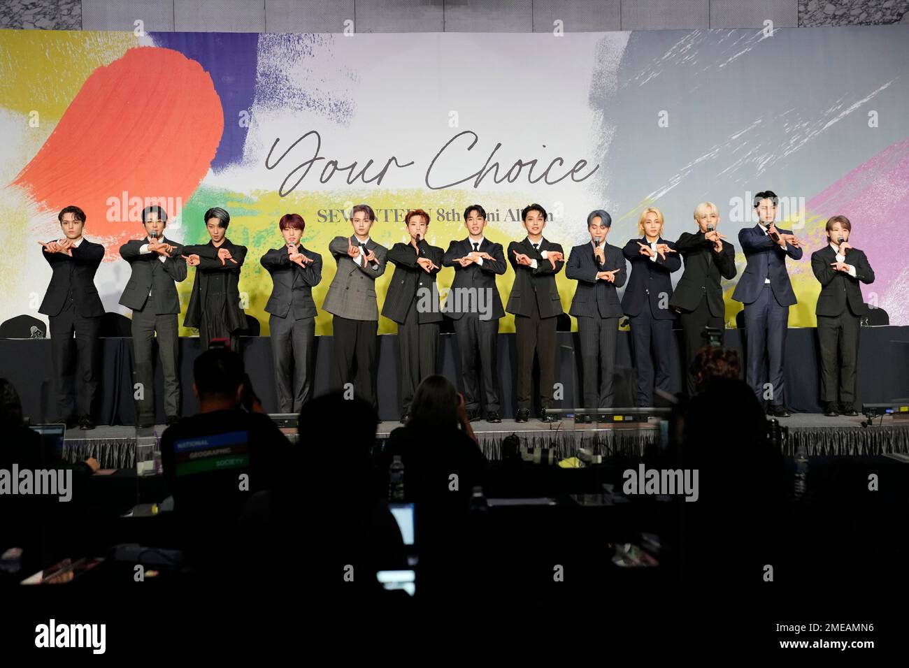 Members of South Korean K-Pop group Seventeen pose for photographers ...