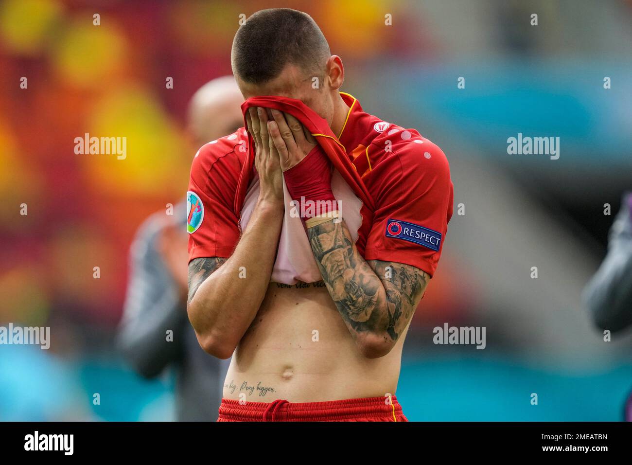North Macedonia's Darko Churlinov reacts after losing the Euro 2020 ...