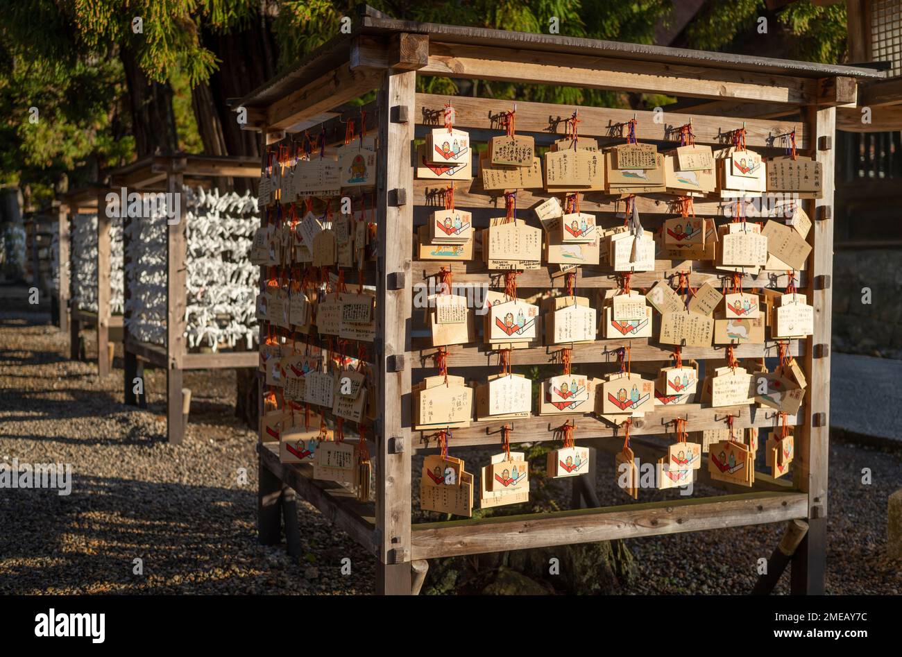 Wooden cards (ema) with prayers and wishes at Izumotaisha, a Shinto ...