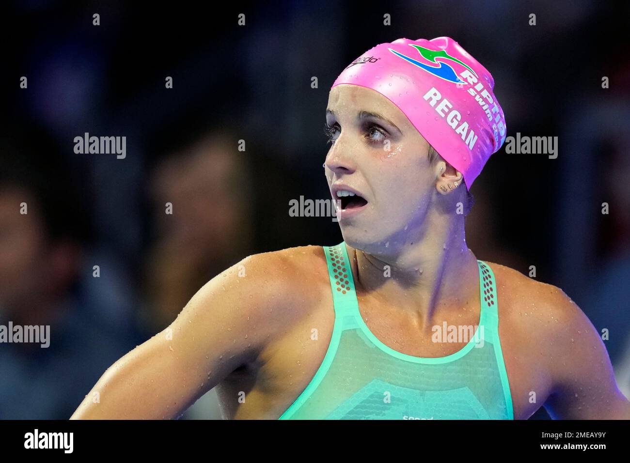 Regan Smith checks her time after competing in the women's 100-meter ...