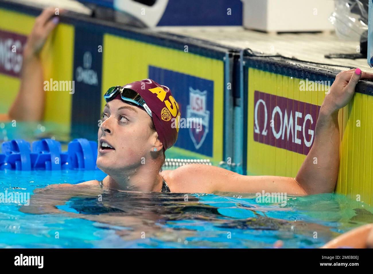 Allison Schmitt checks her time after competing in a semifinal heat in ...