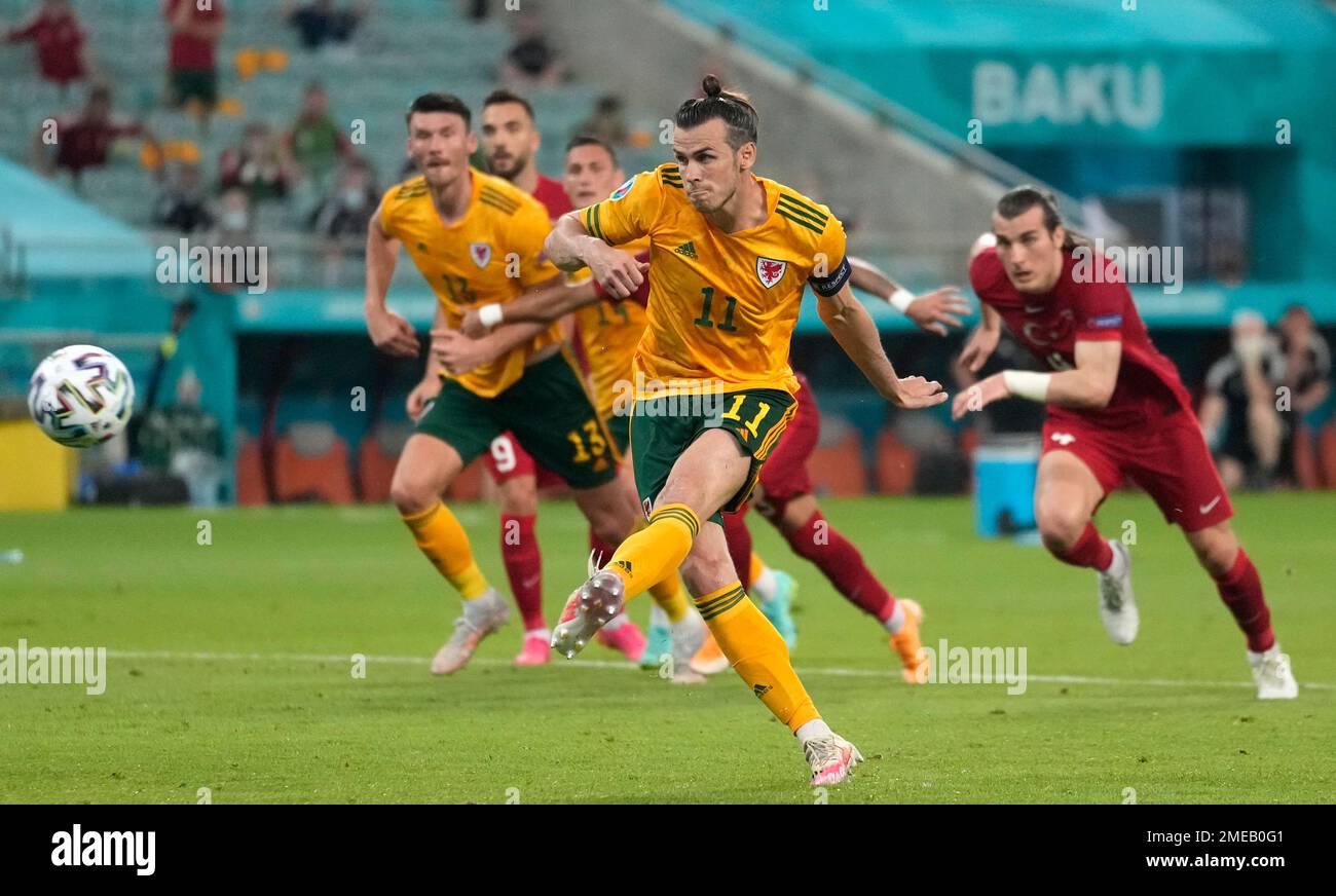 Wales' Gareth Bale shoots wide a penalty kick during the Euro 2020 ...