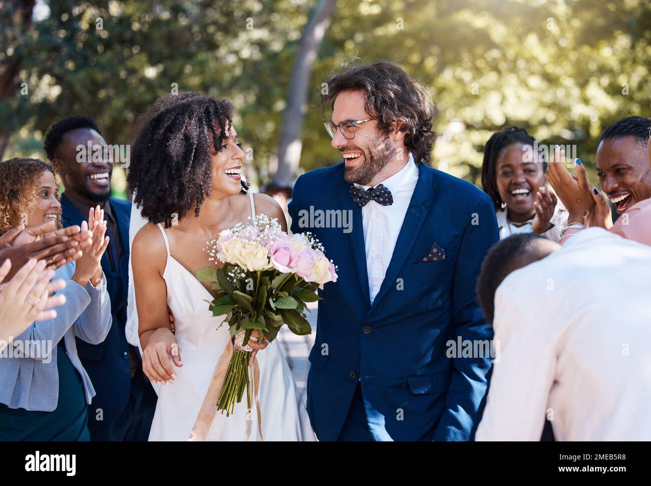 Celebration, applause and wedding bride and groom with happy, excited ...