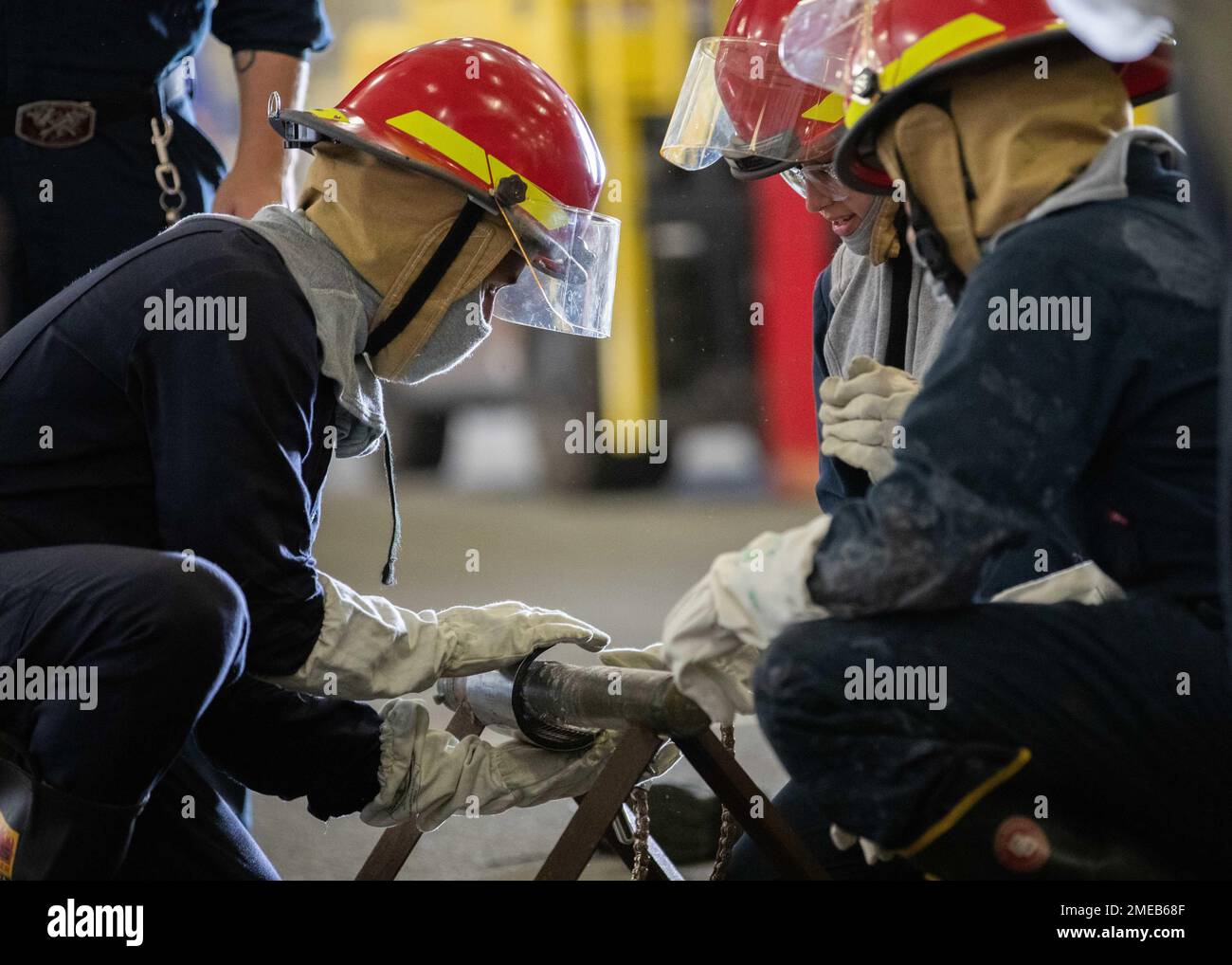 Sailors assigned to USS Gerald R. Ford (CVN 78) demonstrate pipe ...