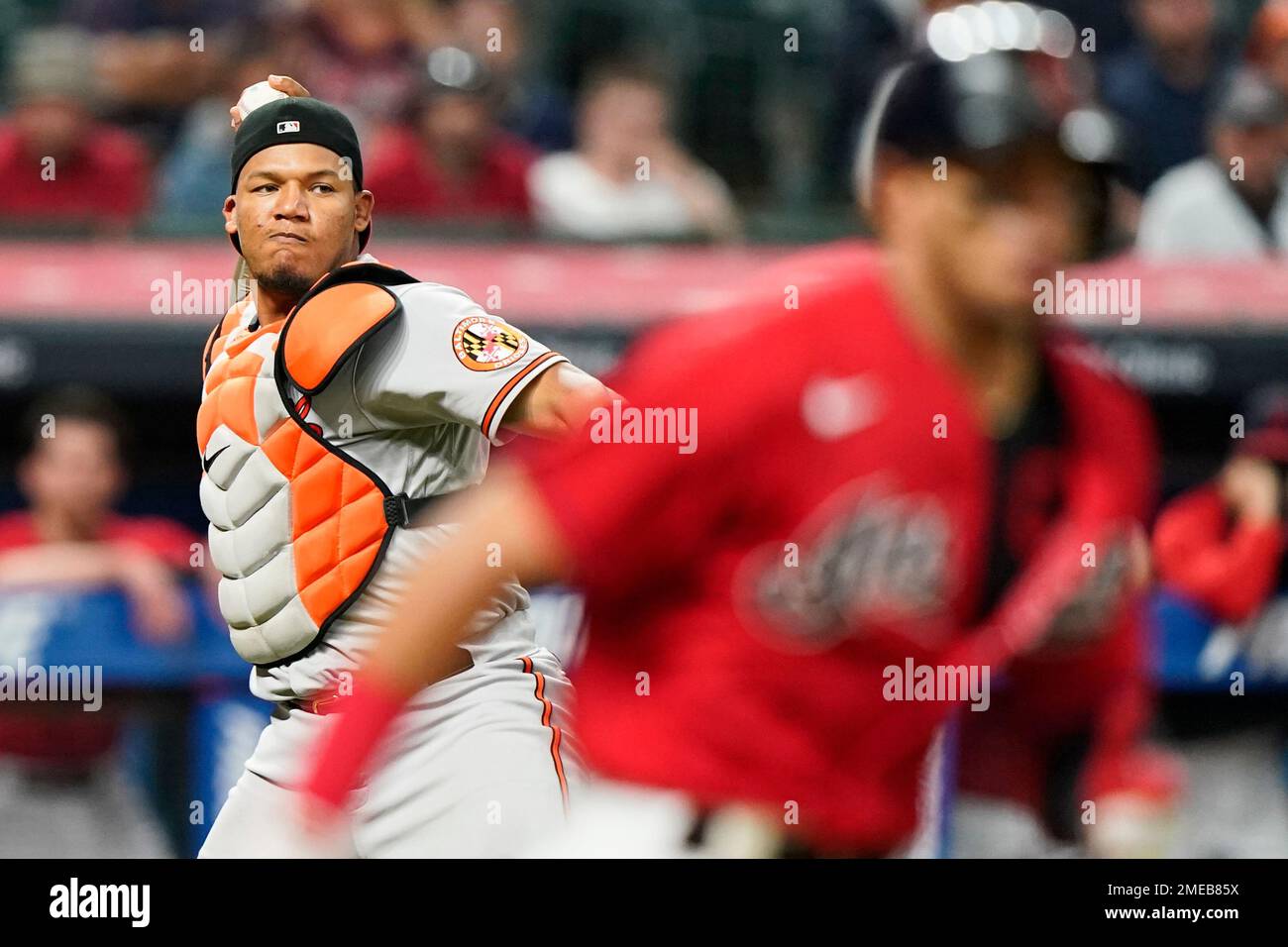 Baltimore Orioles catcher Pedro Severino throws out Cleveland Indians ...