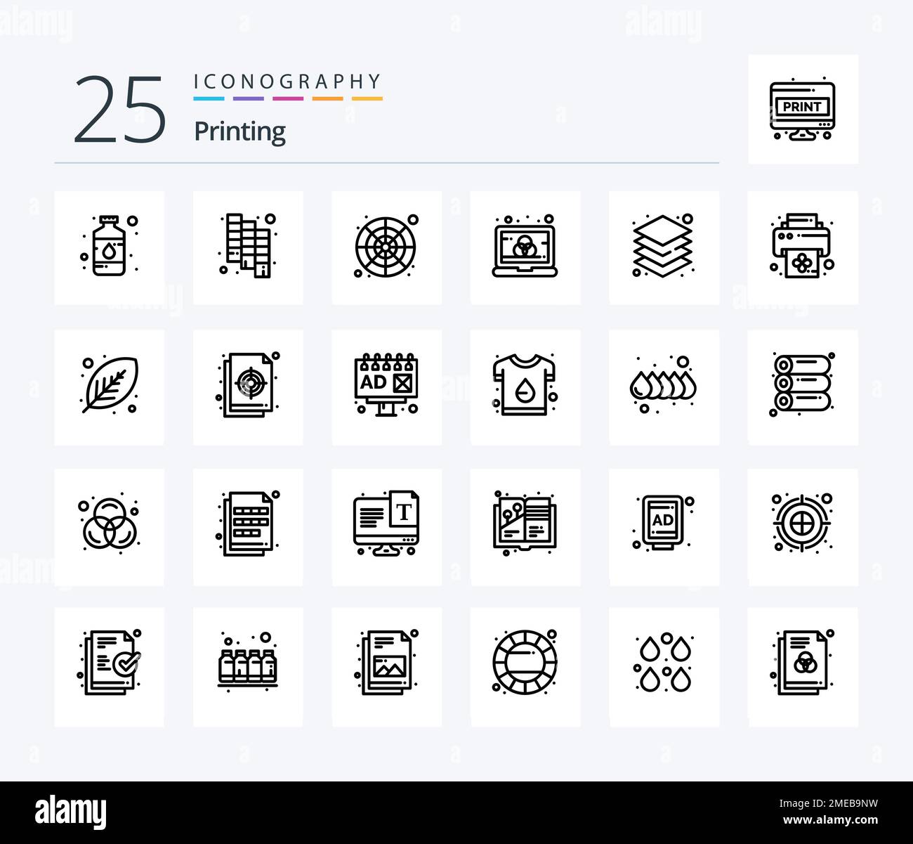 Printing 25 Line icon pack including layer. laptop. catalog. computer ...