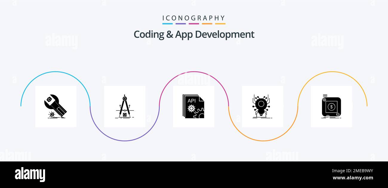 Coding And App Development Glyph 5 Icon Pack Including Spider Bug Refinement Software Coding