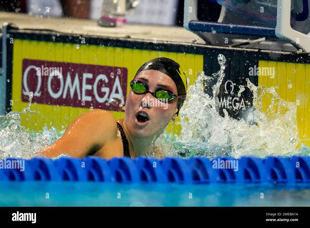 Emma Weyant checks her time after competing in the women's 400-meter ...