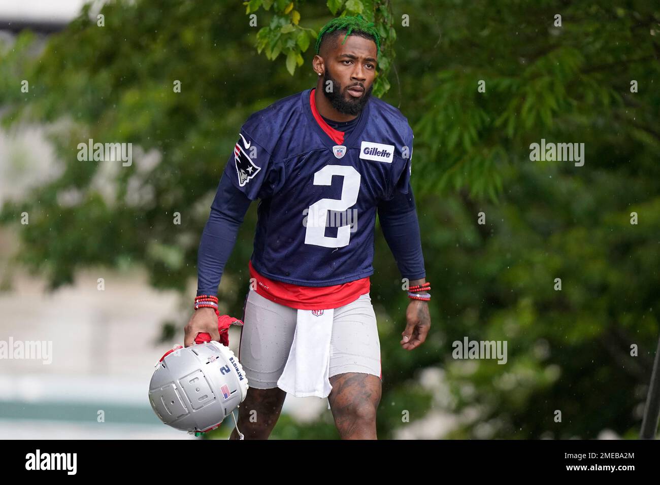 New England Patriots cornerback Jalen Mills (2) steps on the field for ...