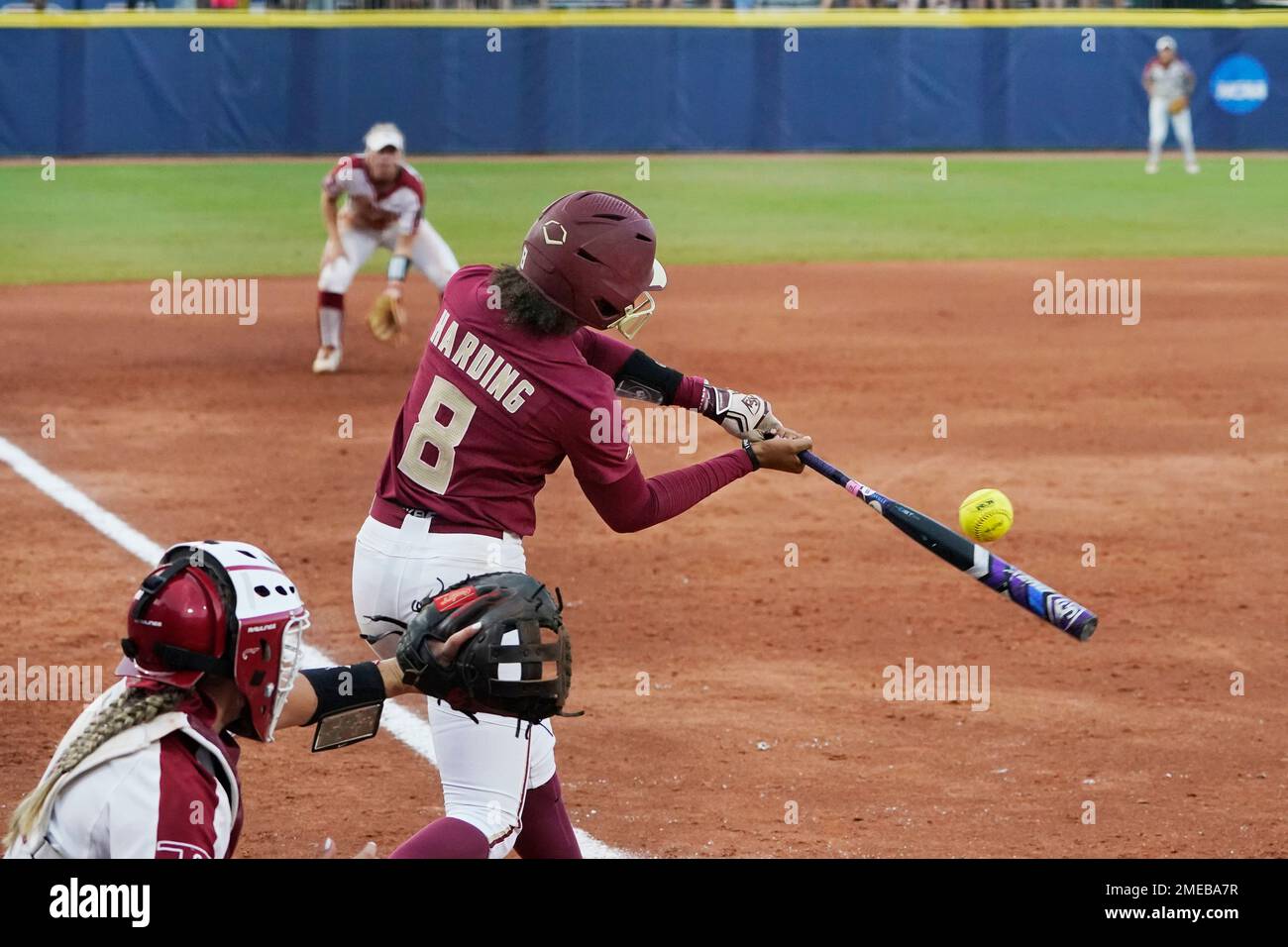 Florida State's Kalei Harding (8) bats in the first game of the NCAA ...