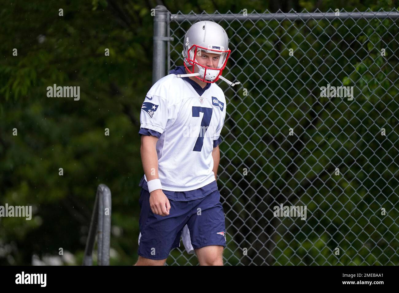 New England Patriots punter Jake Bailey (7) steps on the field for an ...
