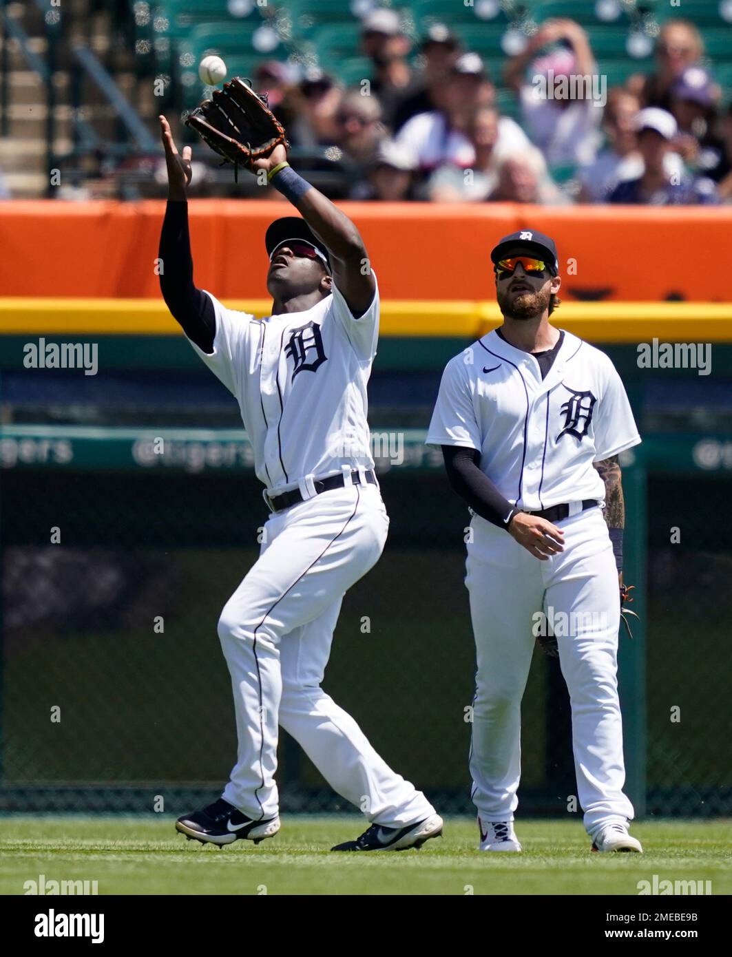 Detroit Tigers center fielder Daz Cameron, next to left fielder Eric ...