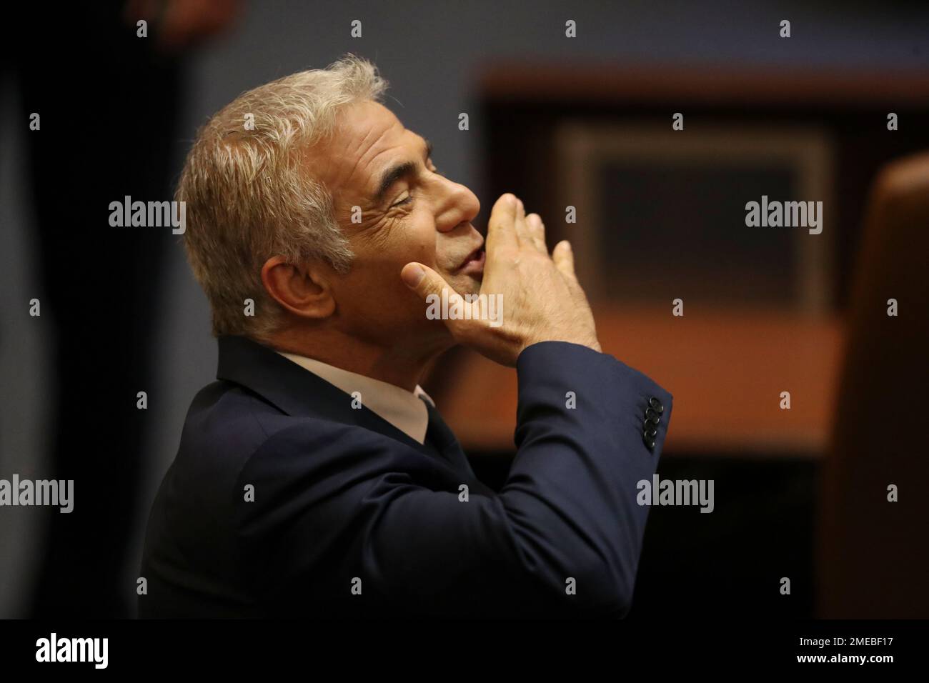 Israeli politician Yair Lapid of the Yesh Atid party sends greetings ...