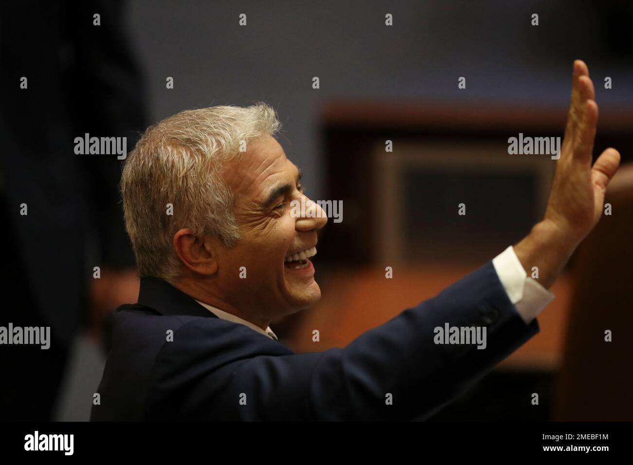 Israeli politician Yair Lapid of the Yesh Atid party sends greetings ...