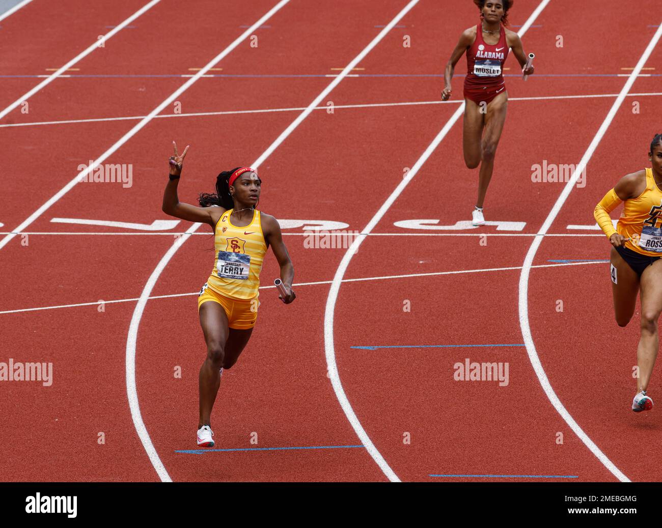 Southern California's Twanisha Terry finishes the women's 4x100 relay ...