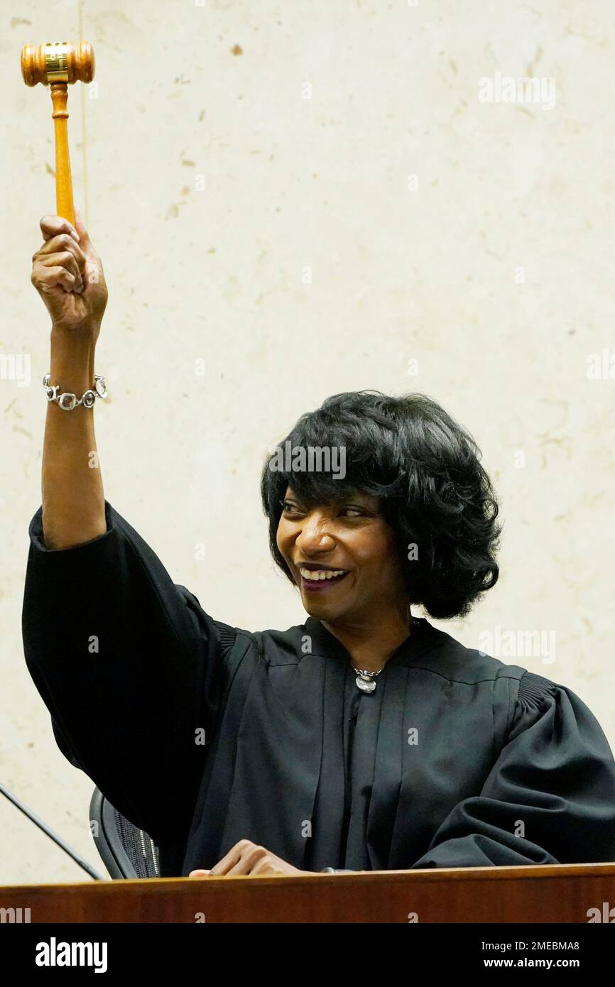 New U.S. District Chief Judge Debra M. Brown, waves the gavel given to her by outgoing Chief ...