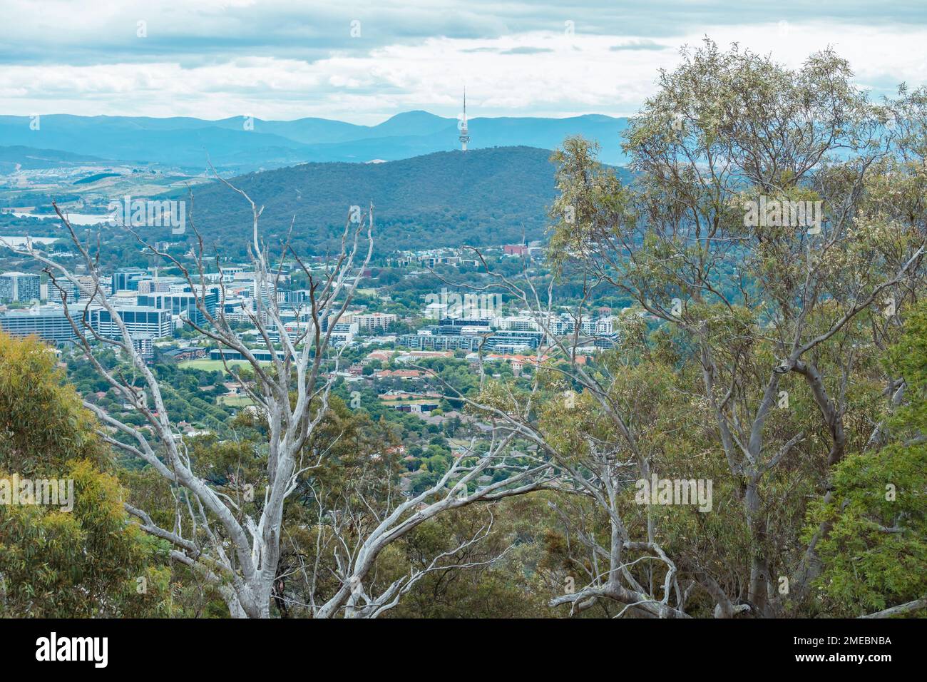 Photograph of a large telecommunications tower on a hill overlooking ...