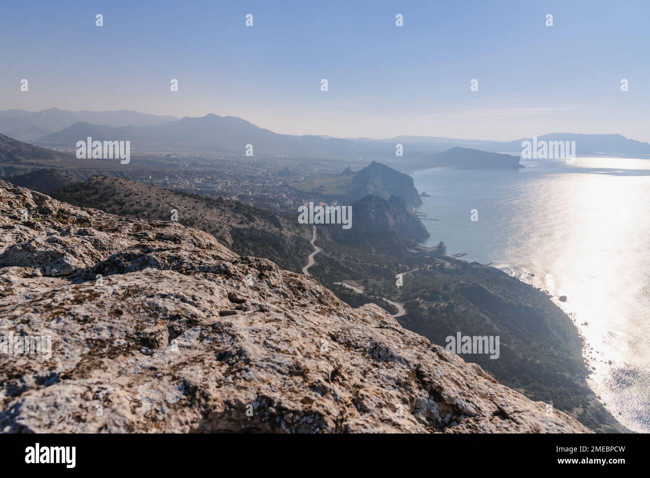 View on Sudak, sea, mount and cape from the slope of Falcon Sokol ...