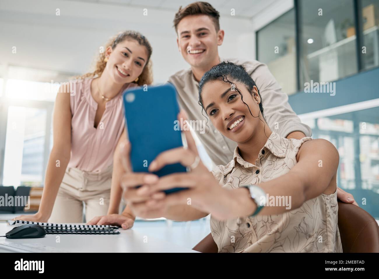 Phone, selfie and friends with a business team taking a photograph for ...