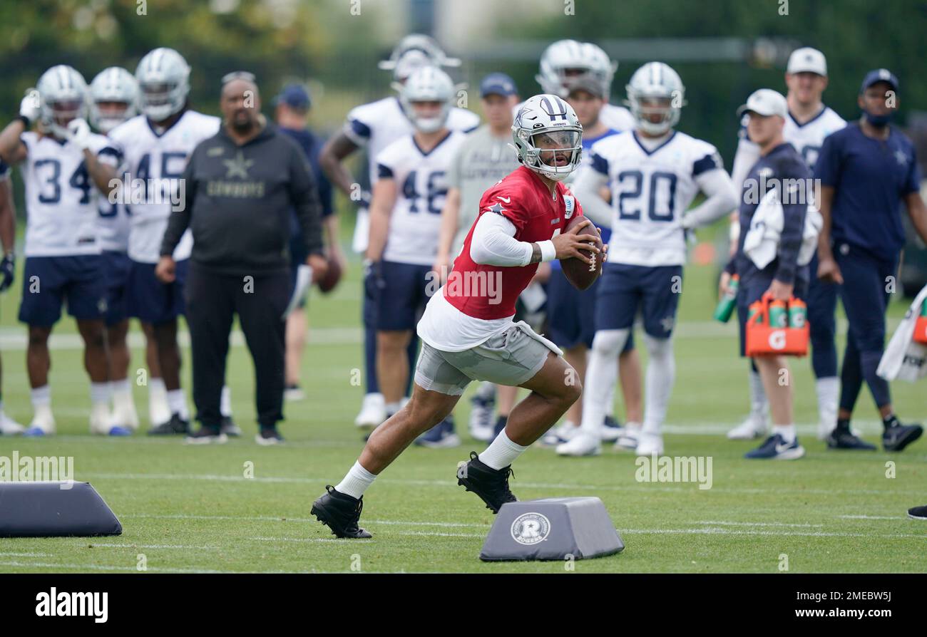 Dallas Cowboys quarterback Dak Prescott (4) runs a drill in front of ...
