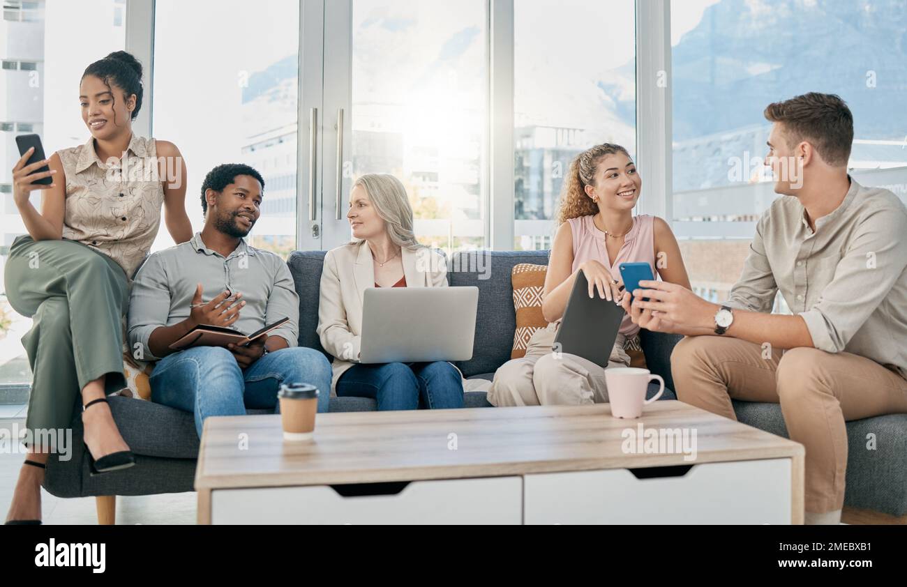 Team, laptop and designer discussion of sofa in modern office for web ...