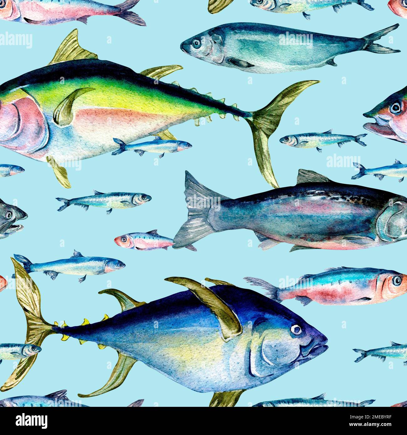 Various wild sea fish seamless pattern watercolor illustration isolated ...