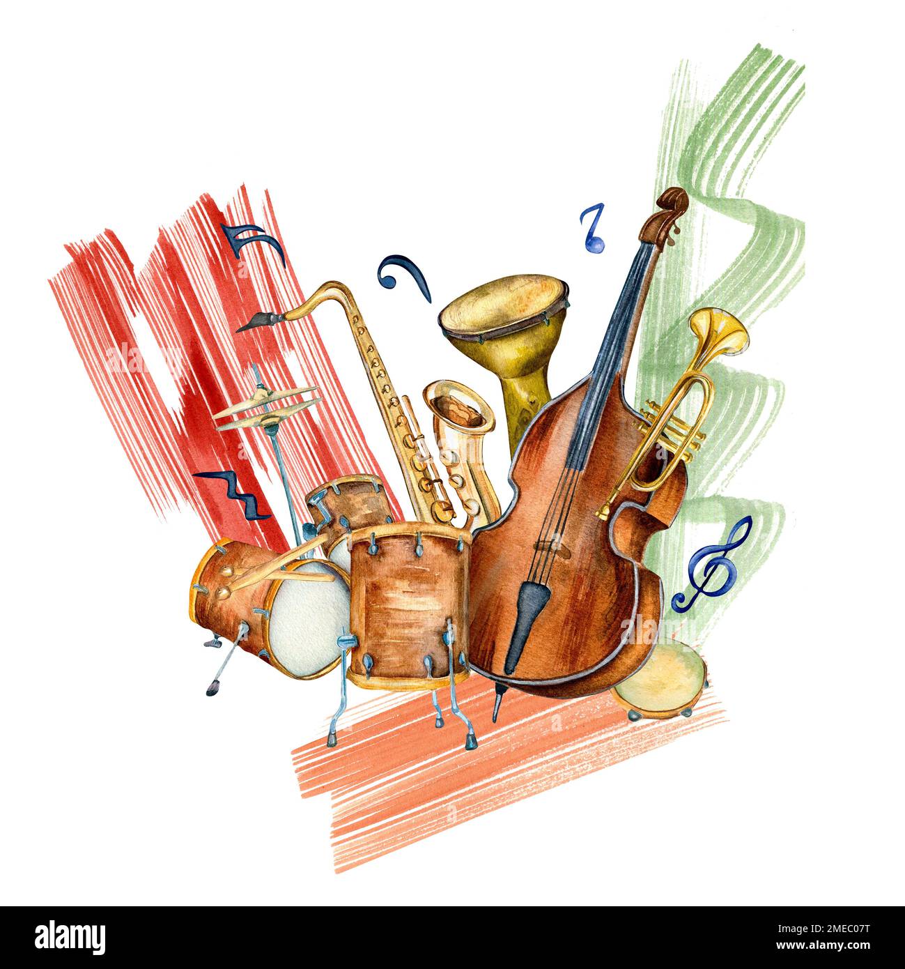 Composition of jazz musical instruments, signs and paint stroke ...