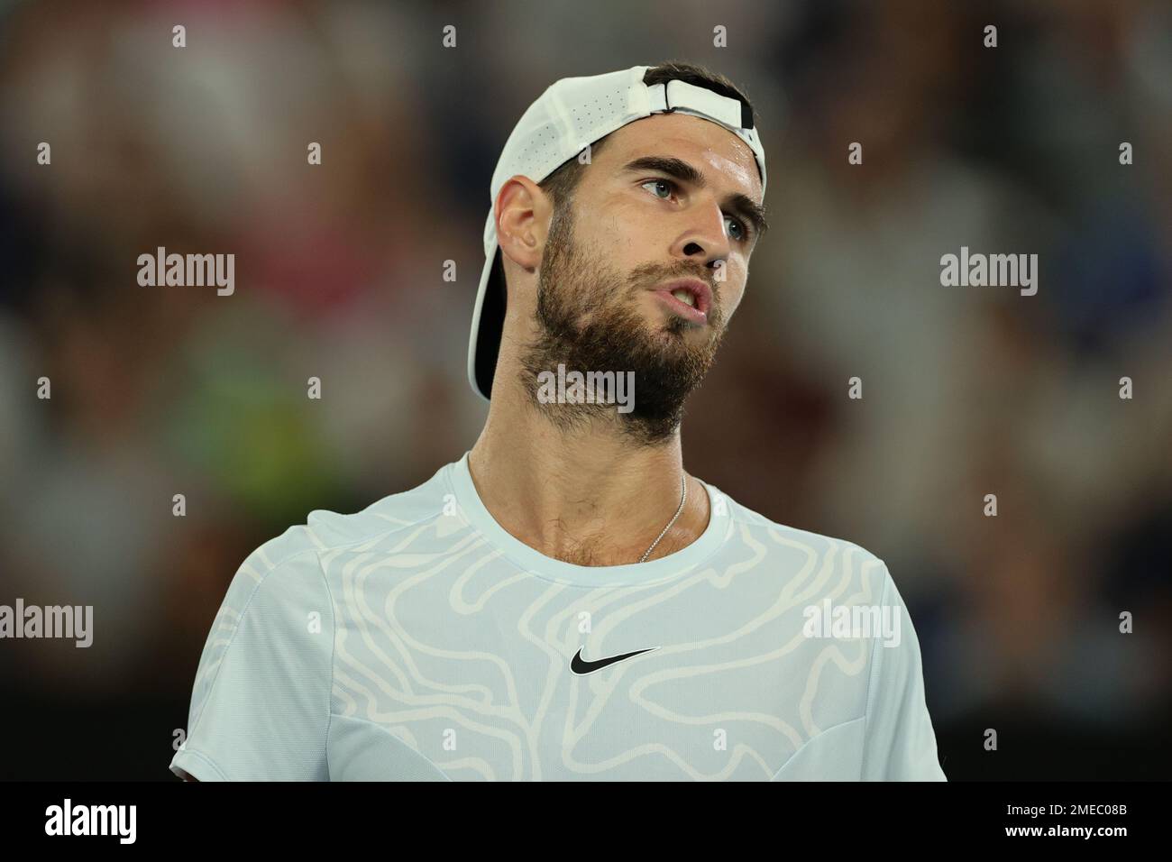 Melbourne, Australia. 24th Jan, 2023. Karen Khachanov reacts against Sebastian Korda of USA ...