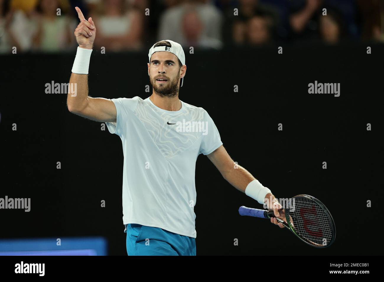 Melbourne, Australia. 24th Jan, 2023. Karen Khachanov ireacts after winning first set 7-6 ...