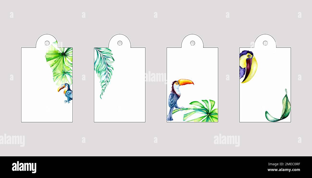 Set of tags with tropical birds and leaves watercolor illustration ...