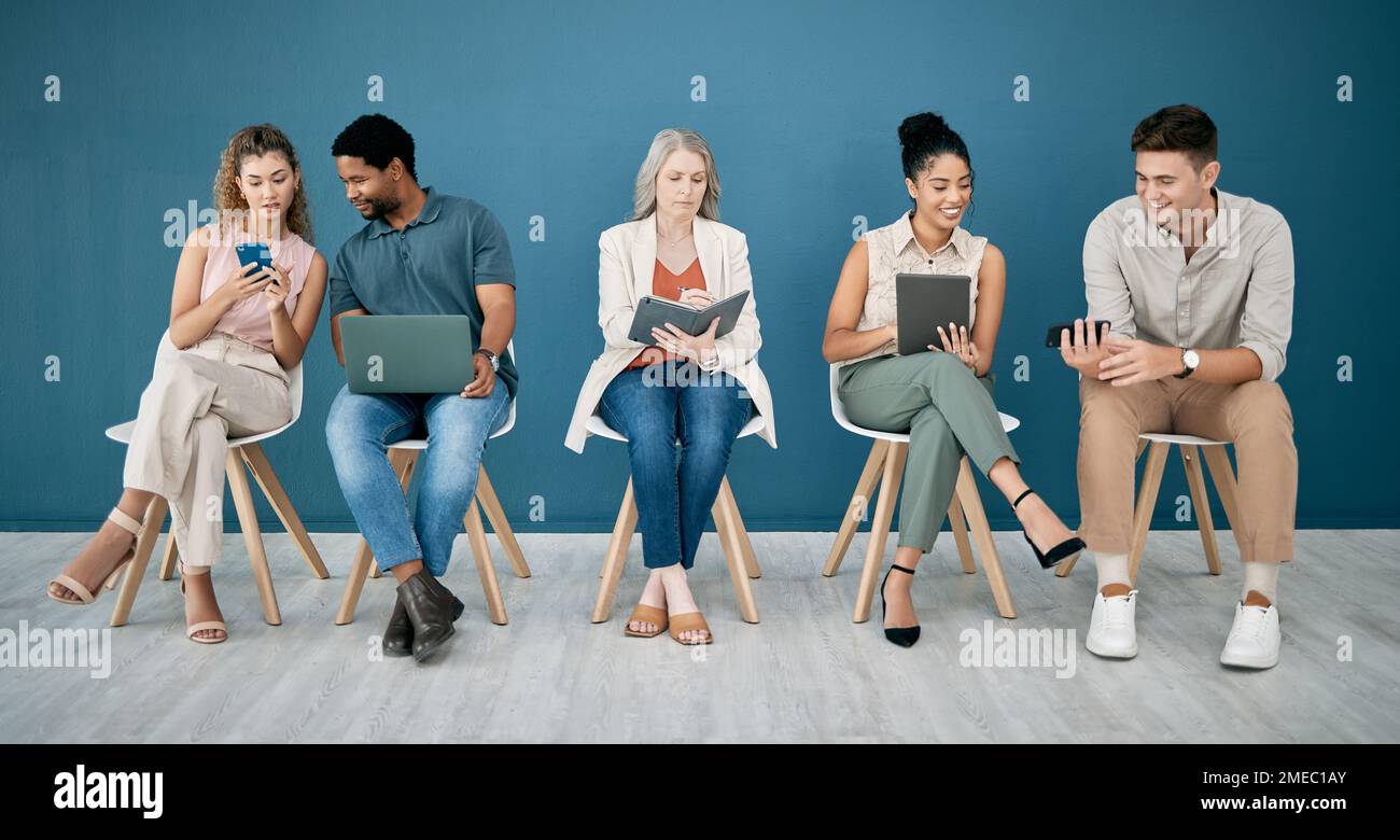 Human resources, hr and people in a waiting room for job interview at ...