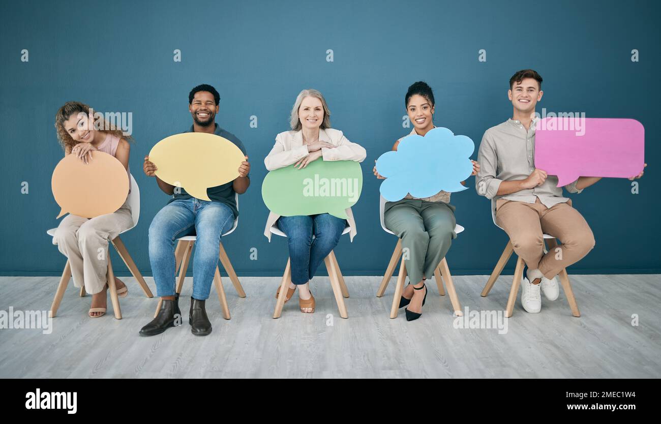 Speech bubble, social media and business people in waiting room for ...