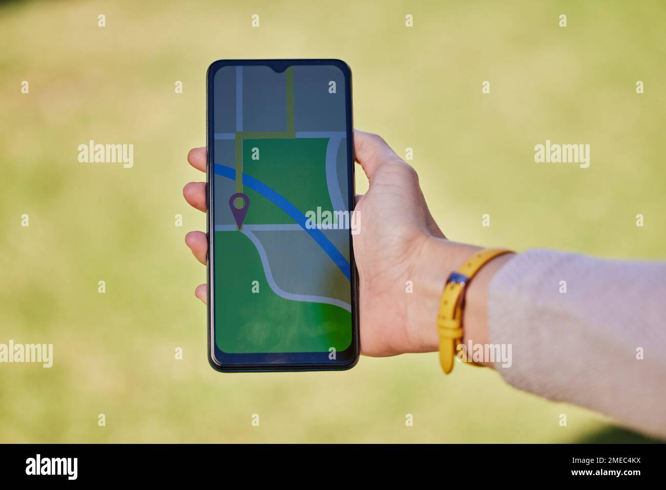 Woman, hand and phone for travel map, gps or sightseeing location ...