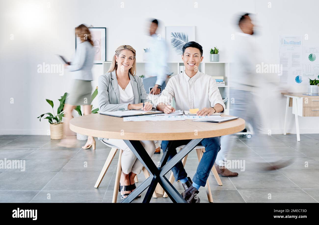 Planning, strategy and teamwork people in busy office portrait for ...