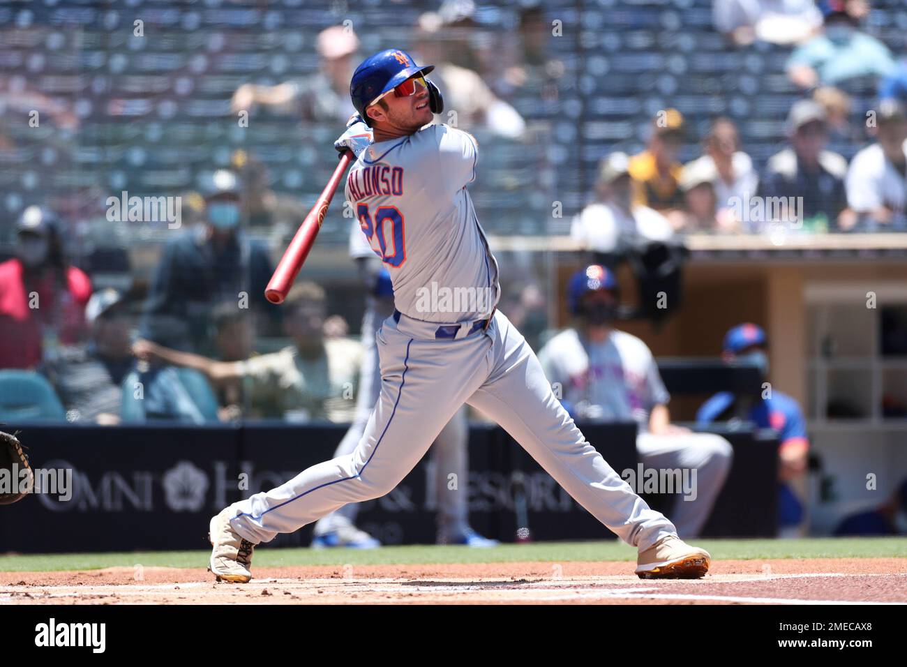 New York Mets' Pete Alonsow watches his hit during a baseball game ...