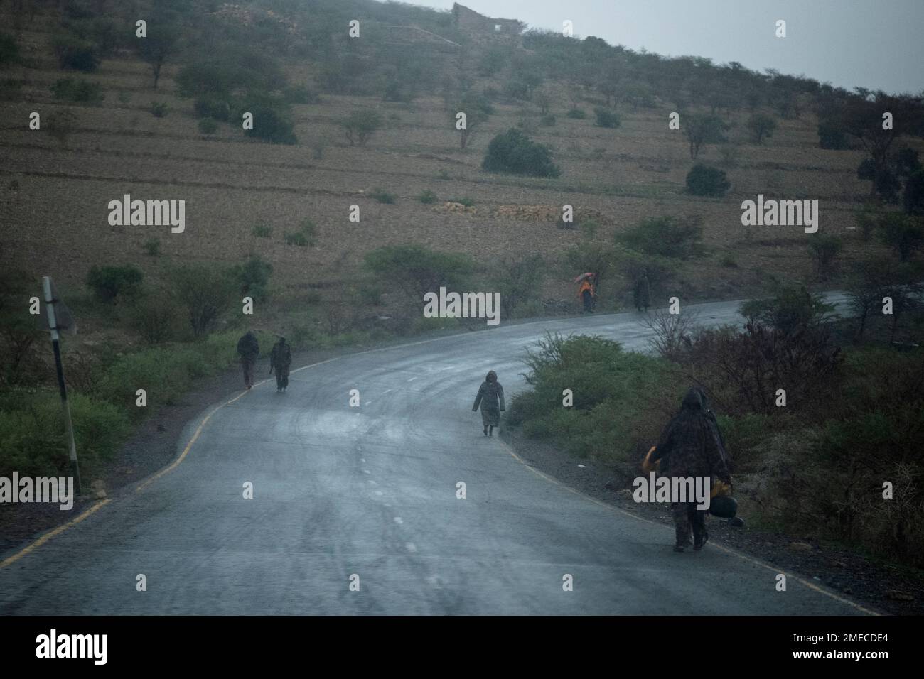 Ethiopian government soldiers walk in the rain on a road leading to Abi ...