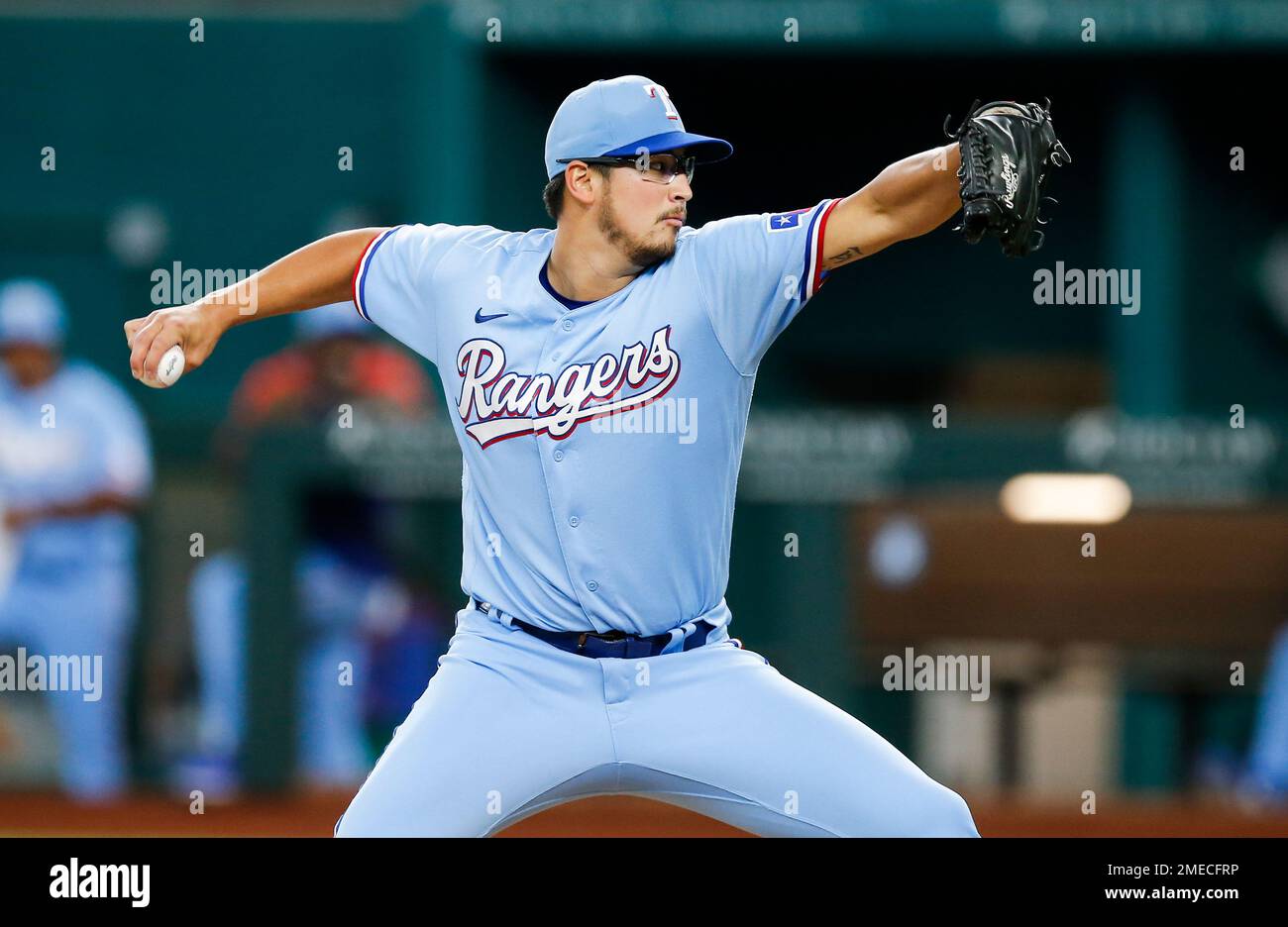 Texas Rangers starting pitcher Dane Dunning throws during the first ...