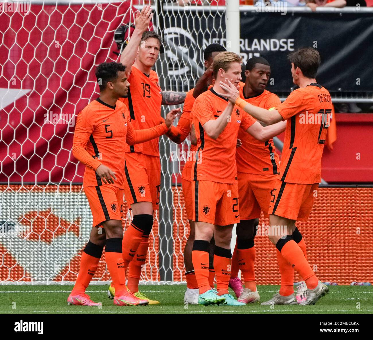 Netherlands players celebrate scoring their side's first goal during ...