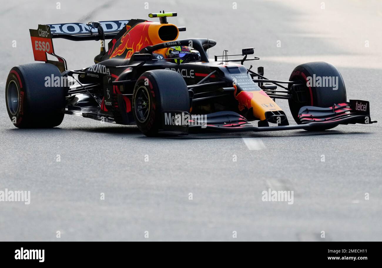 Red Bull driver Sergio Perez of Mexico steers his car during the Formula One Grand Prix at the ...