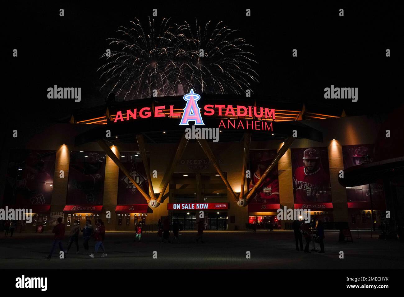 Fireworks burst over Angel Stadium after a baseball game between the ...