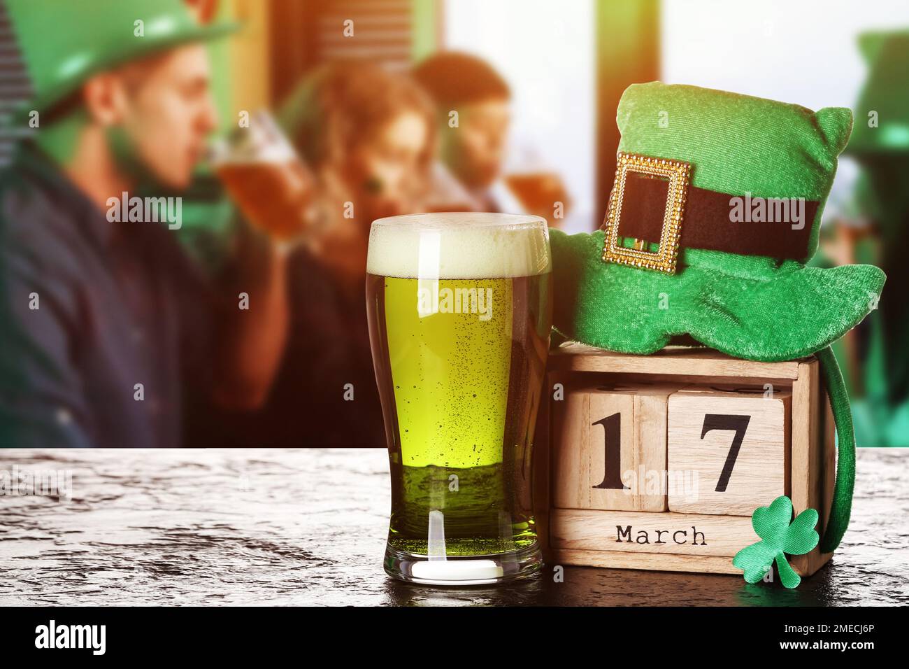 Leprechaun's hat, calendar with date of St. Patrick's Day and glass of ...