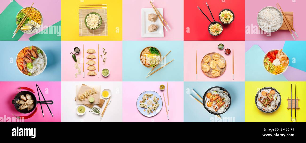 Collage of tasty Chinese dishes on color background Stock Photo - Alamy