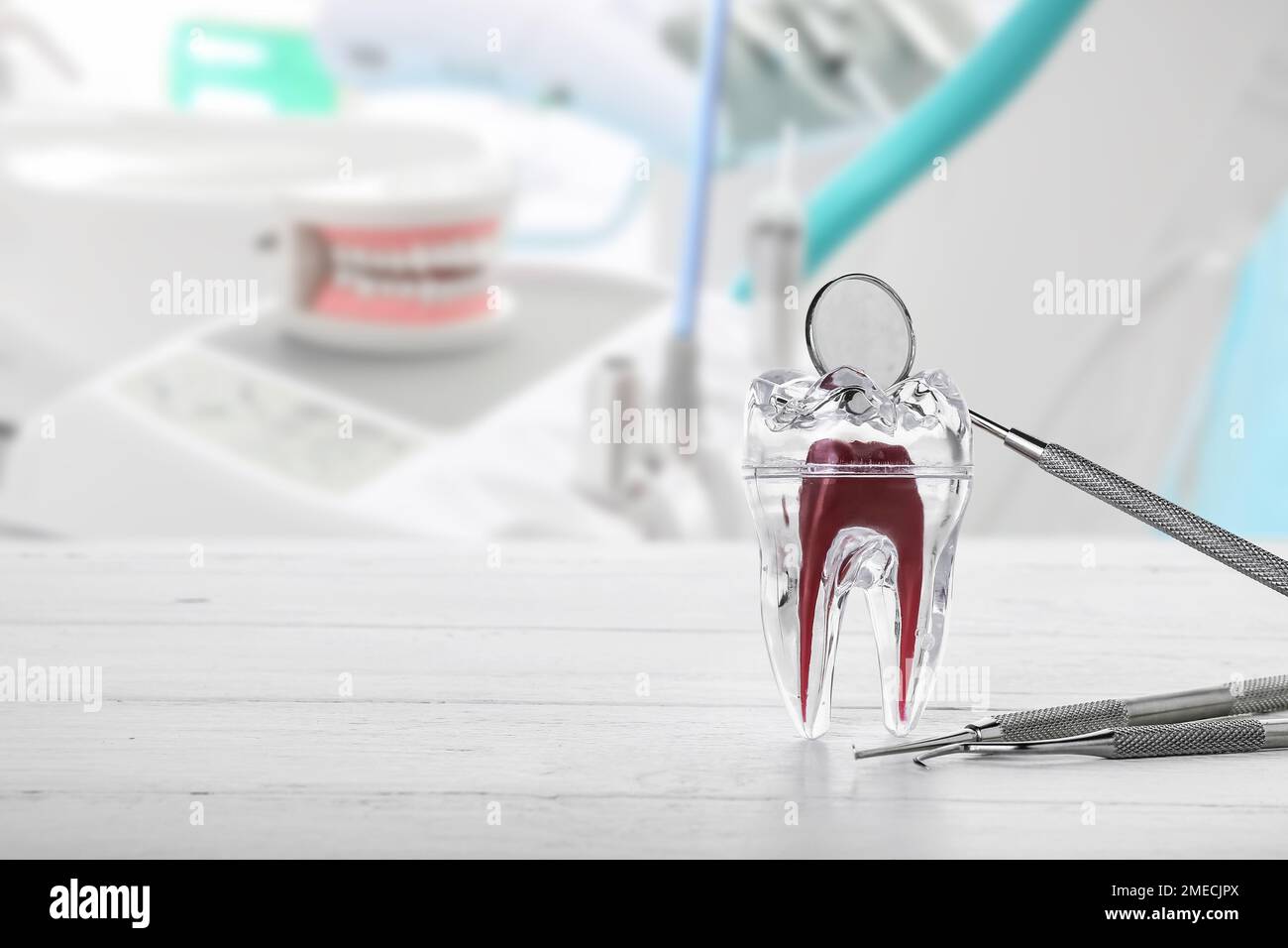 Plastic tooth with dental tools on table in clinic Stock Photo - Alamy