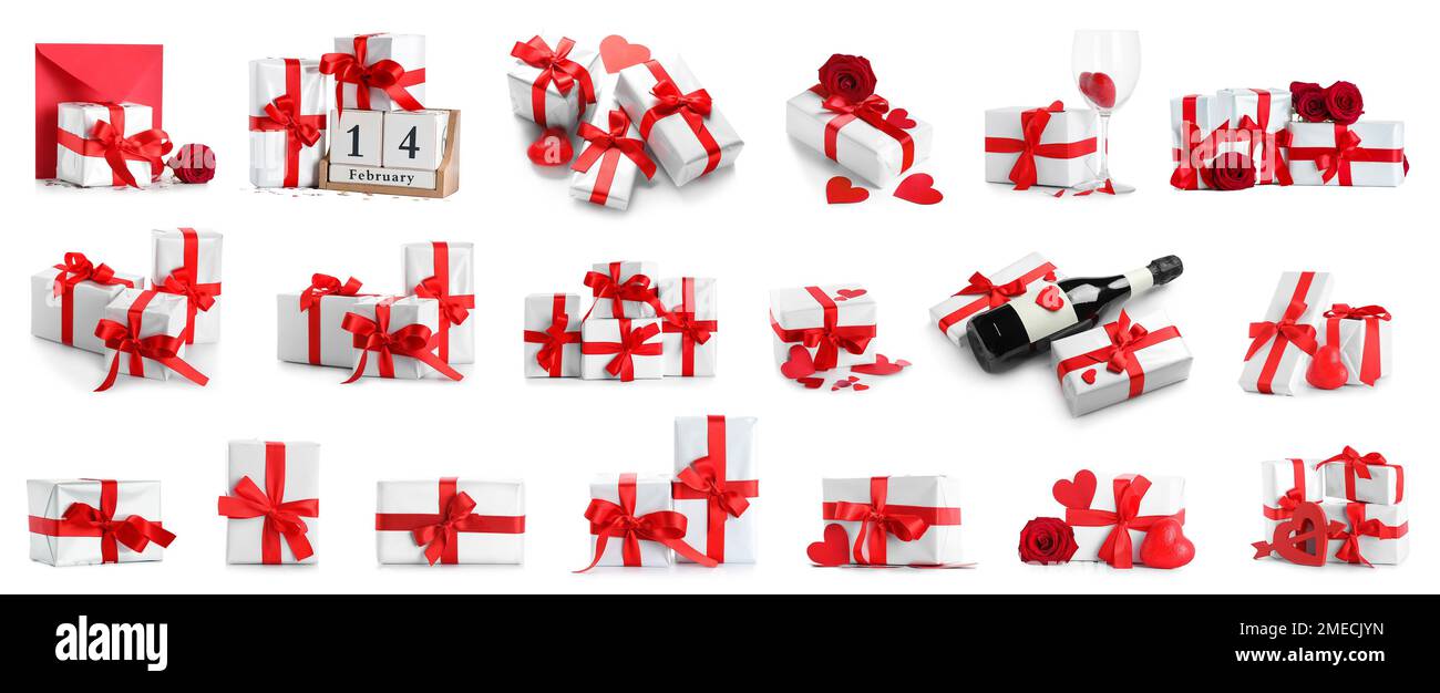 Set of many gift boxes for Valentine's Day isolated on white Stock ...
