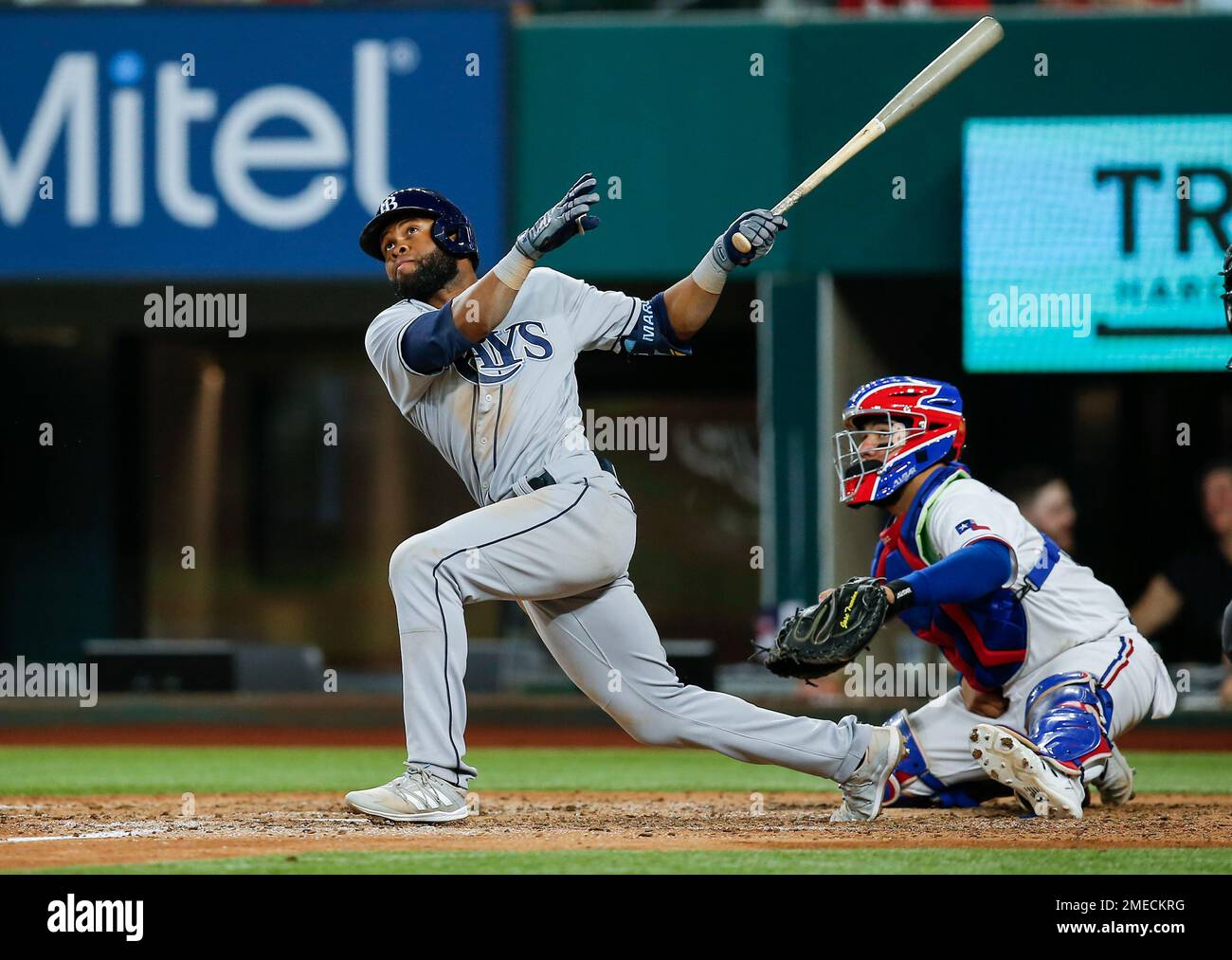 Tampa Bay Rays' Manuel Margot, left, hits a solo home run during the ...